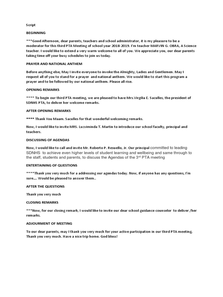 Script PTA MEETING | PDF