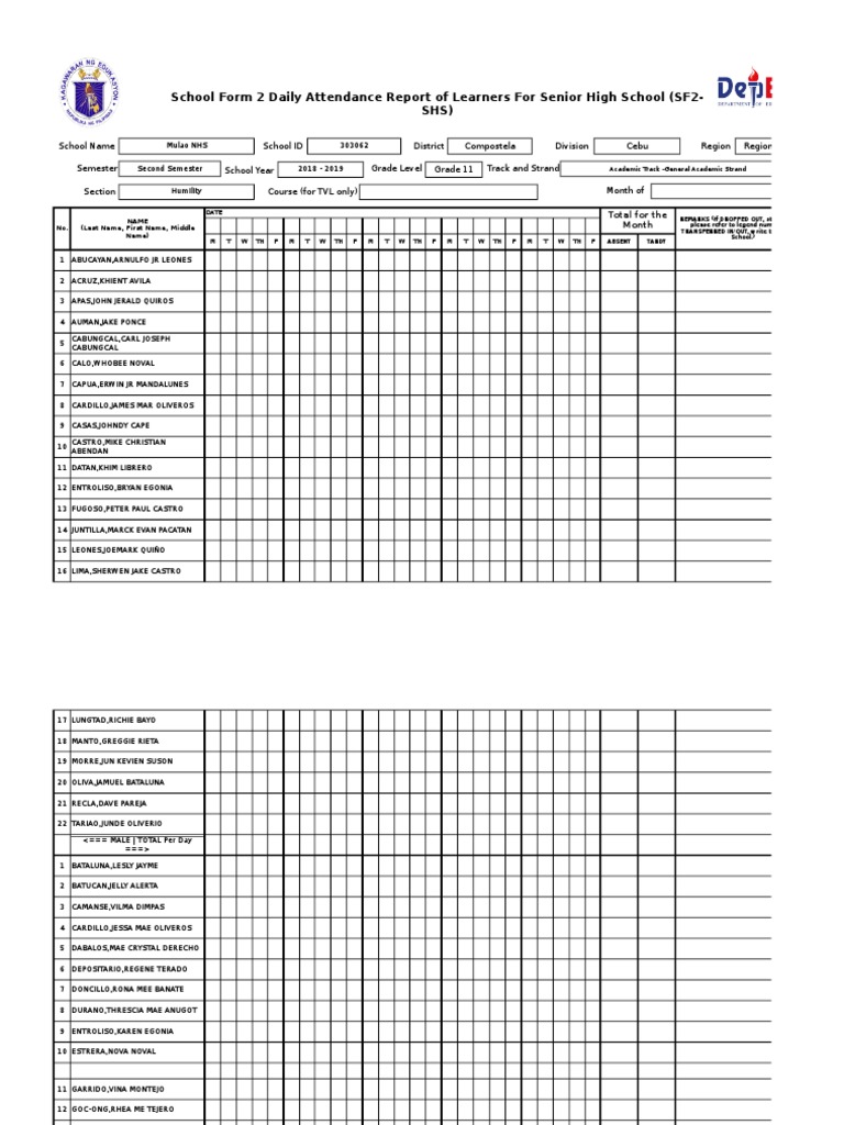 School Form 2 Daily Attendance Report of Learners For Senior High ...