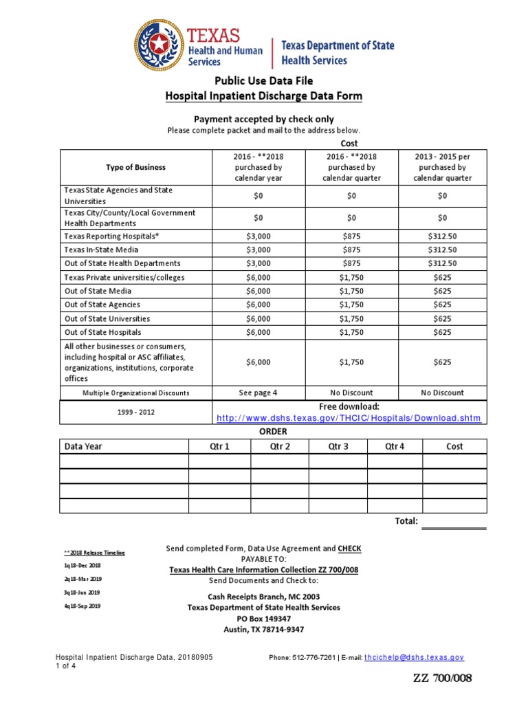 Public Use Data File Hospital Inpatient Discharge Data Form: Payment Accepted by Check Only ...