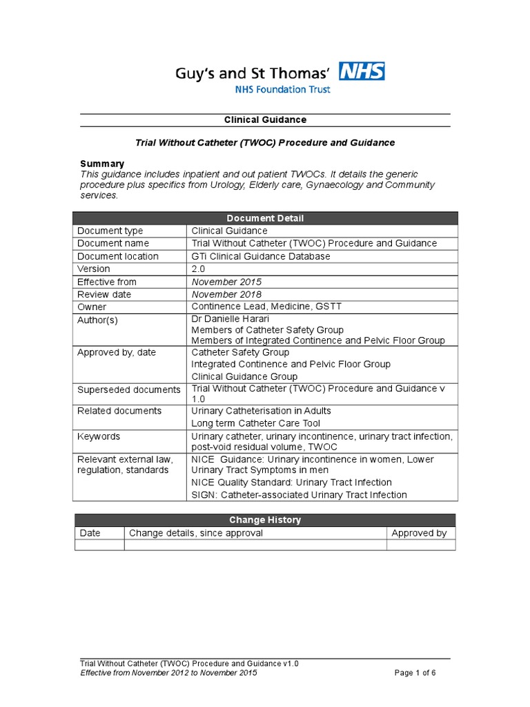 TWOC Procedure Guidance | PDF | Urinary Incontinence | Patient
