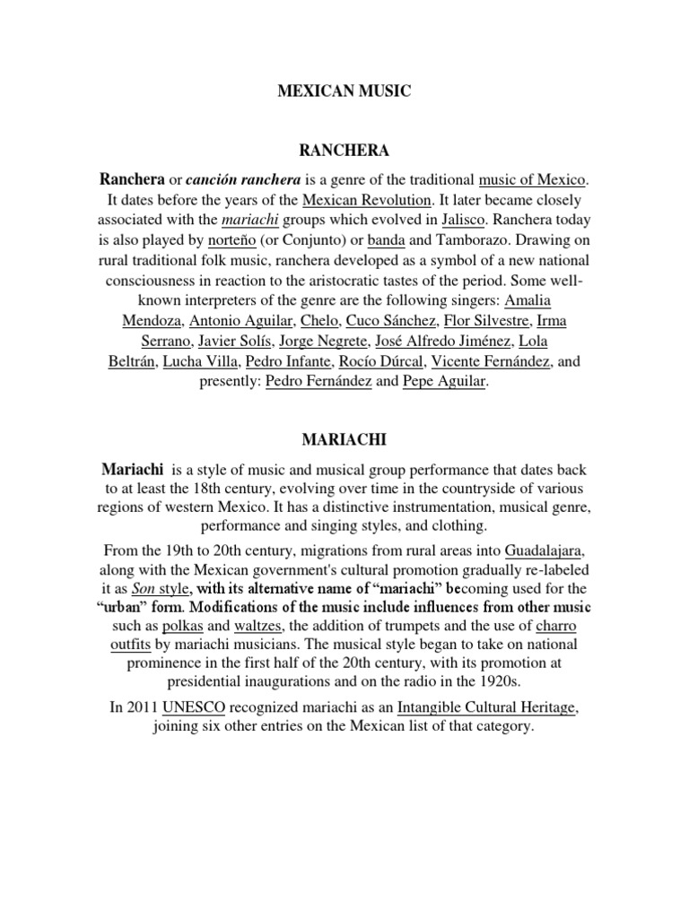 Mexican Music Genres: Ranchera, Mariachi, Norteño | PDF | Spanish ...