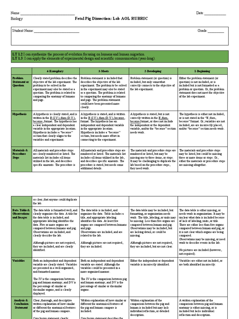 Fetal Pig Dissection Lab Aol Rubric | PDF | Experiment | Observation