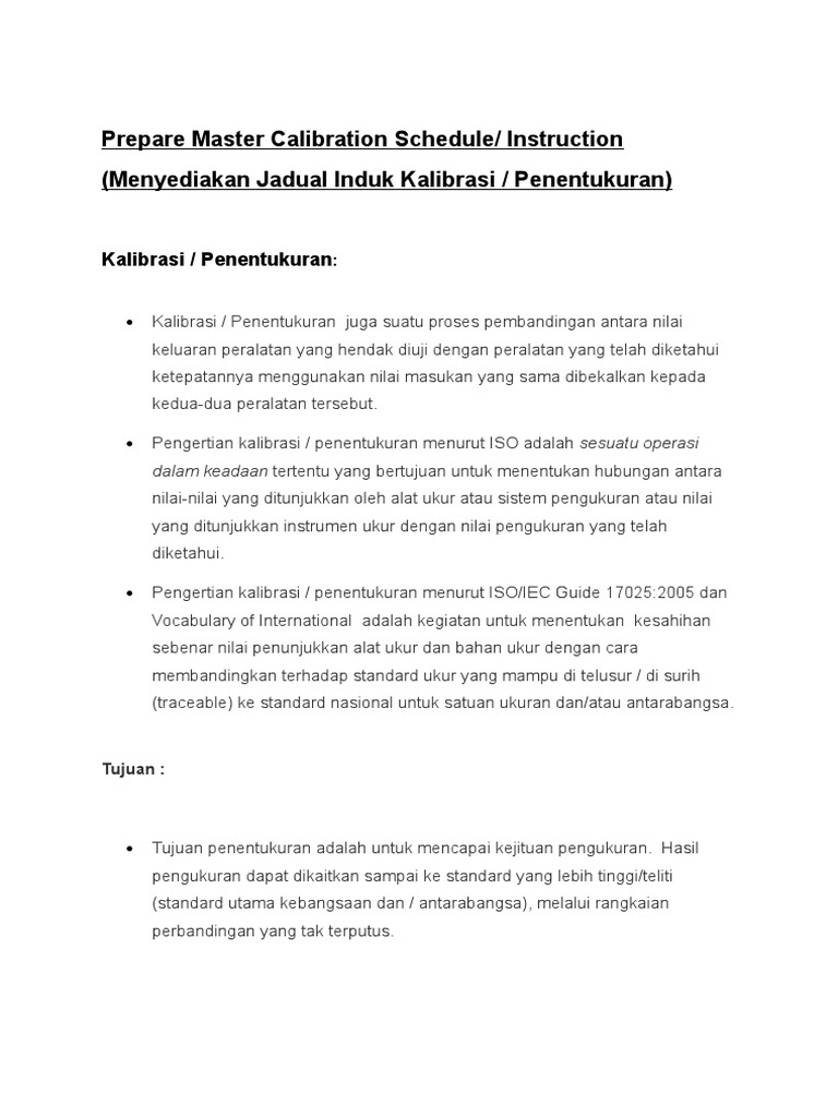 Nota Master Calibration Schedule | PDF