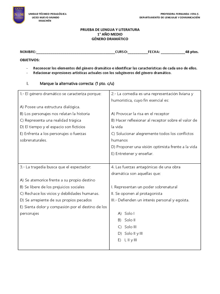 Prueba G. Dramático | PDF | Comedia | Tragedia
