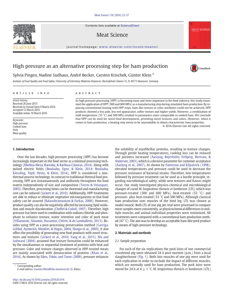 High Pressure As An Alternative Processing Step For Ham Production | PDF