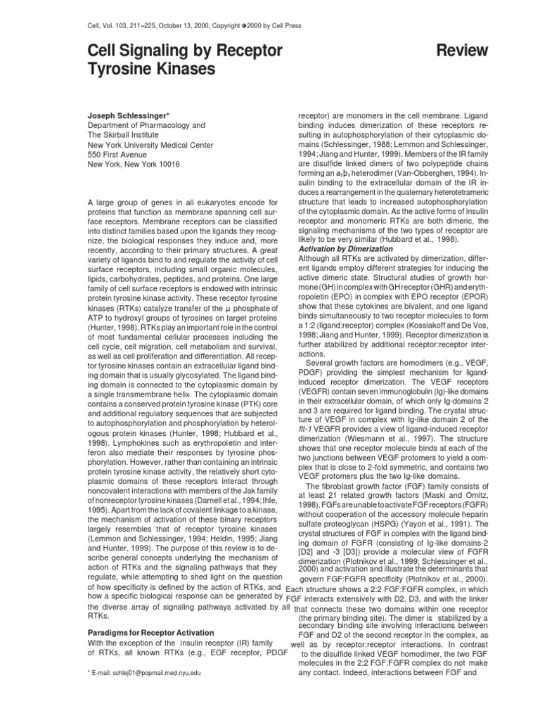 Cell Signaling by Receptor Review Tyrosine Kinases: Joseph Schlessinger ...