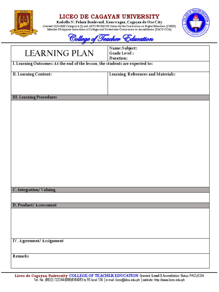 College of Teacher Education: Learning Plan | PDF