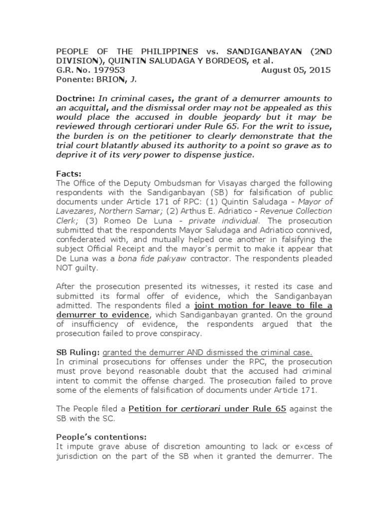 PEOPLE vs. SANDIGANBAYAN | PDF | Certiorari | Demurrer
