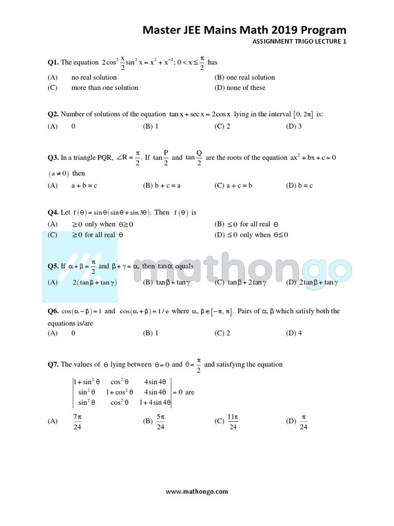 Assignment 1 Trigonometry Mathongo Pdf Pdf Equations Mathematical
