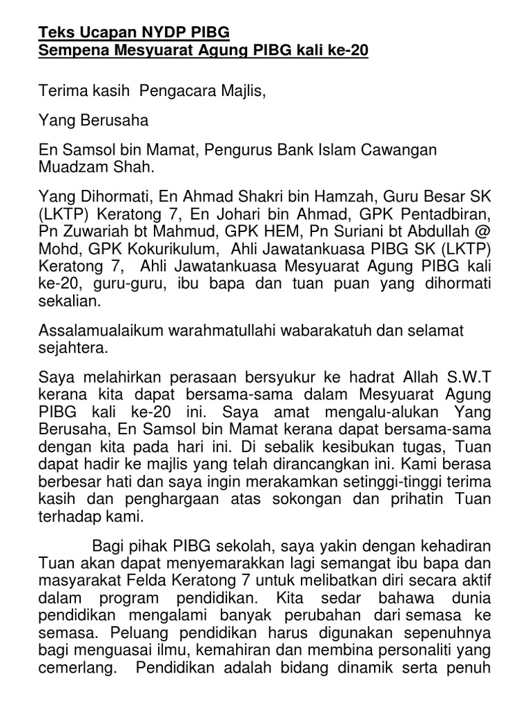 Teks-Ucapan-YDP-PIBG-Mesyuarat-Agung PIBG | PDF