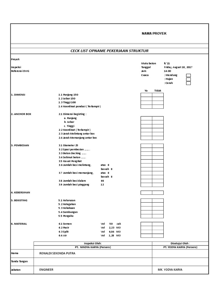 Contoh Form Check List Pekerjaan Beton | PDF