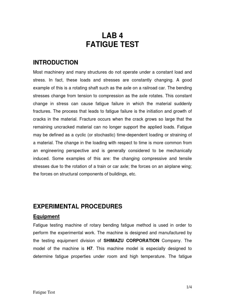 Lab 4 Fatigue Test: Equipment | PDF | Fatigue (Material) | Fracture