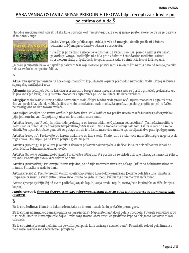 BABA VANGA OSTAVILA SPISAK PRIRODNIH LEKOVA Biljni Recepti Za Zdravlje ...