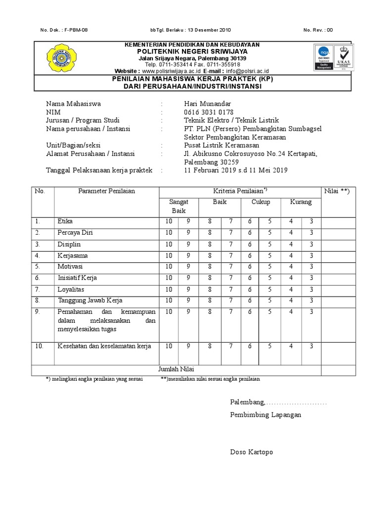 Form Penilaian Magang | PDF