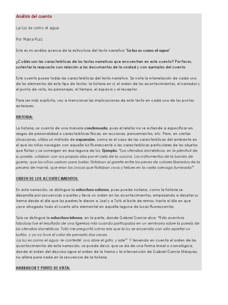 Análisis Del Cuento La LUZ COMO EL AGUA | PDF | Narración | Cuentos