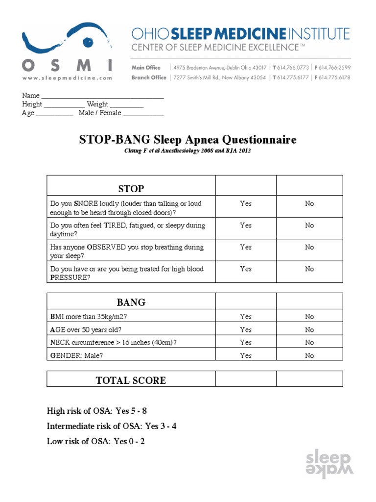 STOP-BANG Sleep Apnea Questionnaire | PDF