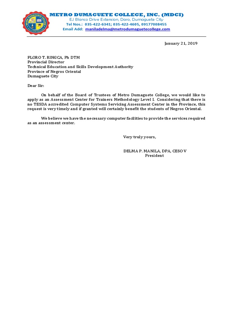 Letter of Intent - TM I Assessment Center | PDF