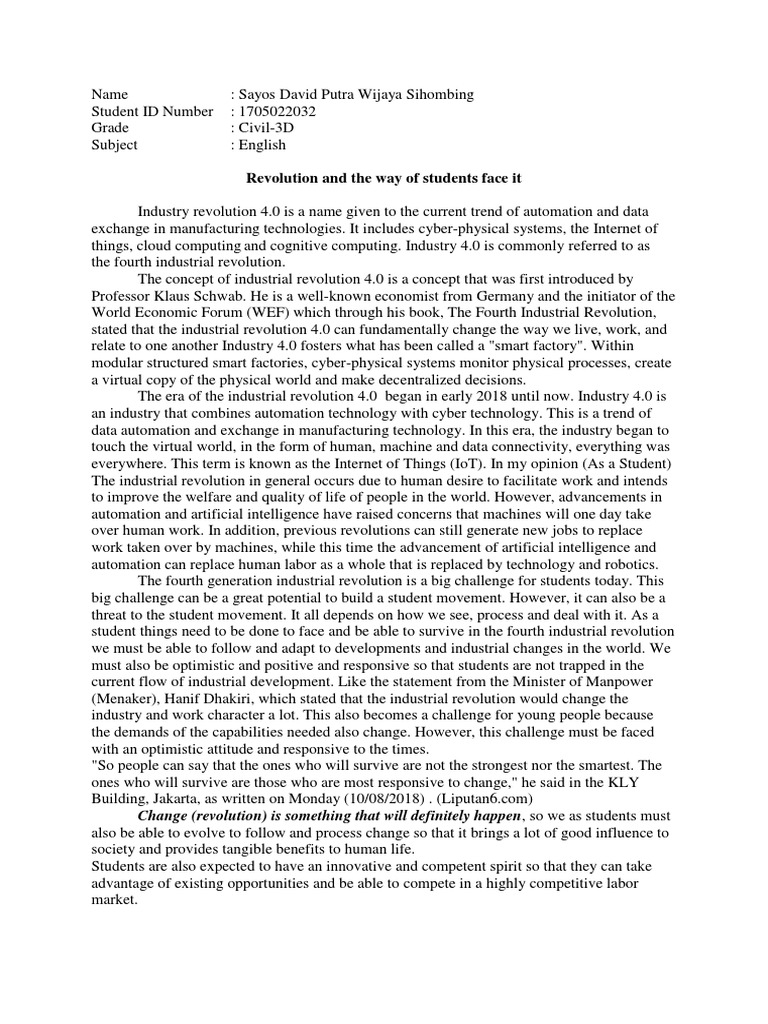 My Essay - The Fourth Industrial Revolution Sayos | PDF | Economies ...