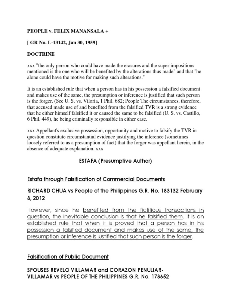 People V. Felix Manansala + (GR No. L-13142, Jan 30, 1959) Doctrine ...