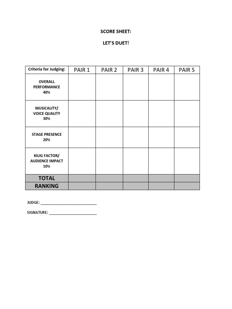 Dance Competition Score Sheet Template | PDF