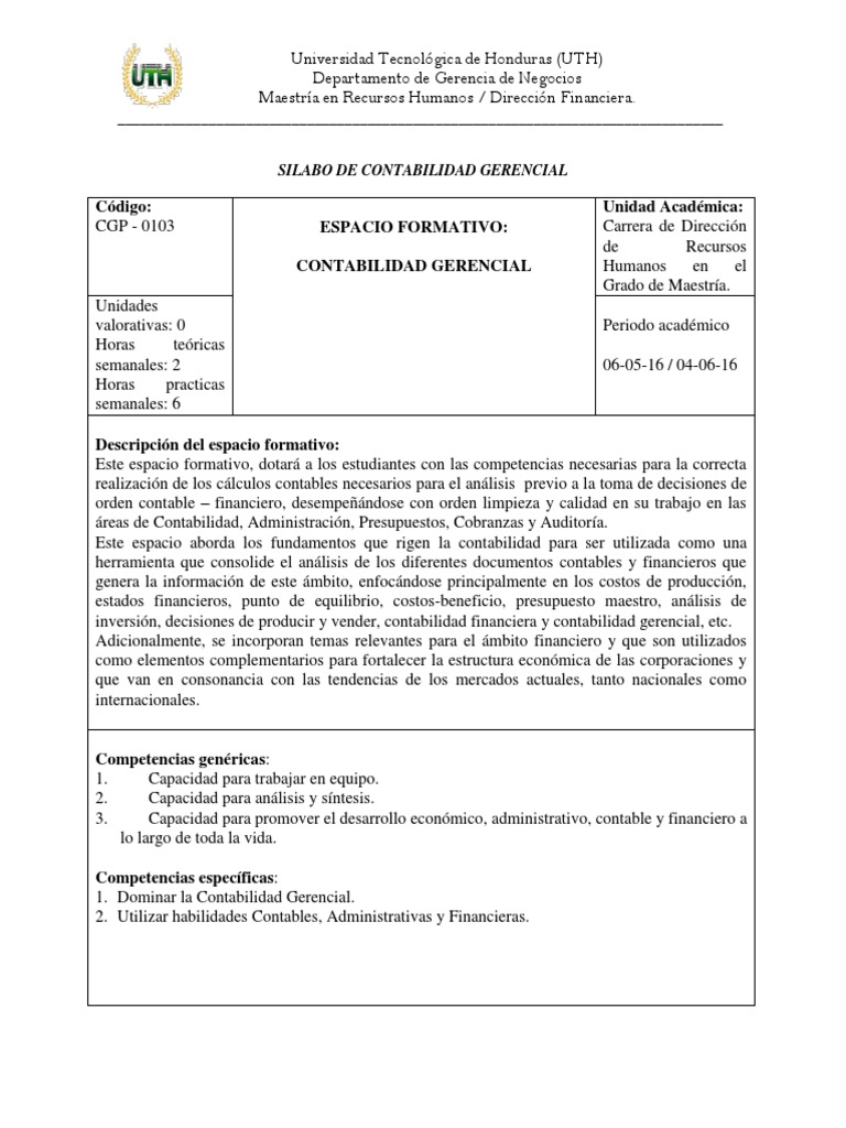 Silabo de Contabilidad Gerencial UTH | PDF | normas internacionales de ...