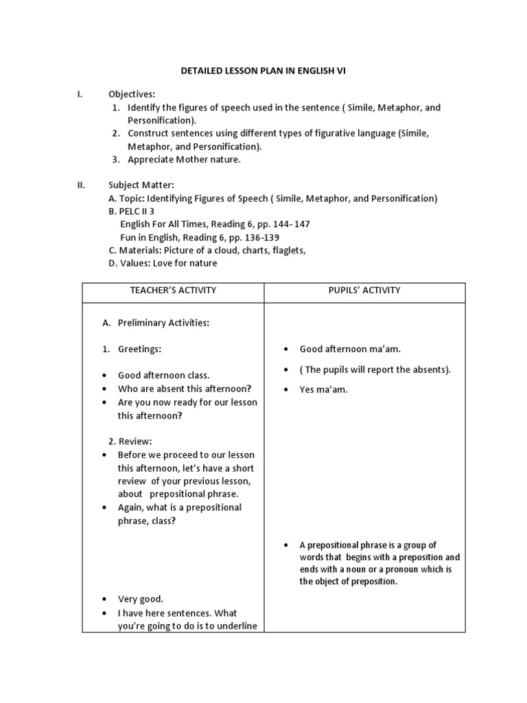 Lesson Plan in Figures of Speech | PDF | Preposition And Postposition ...