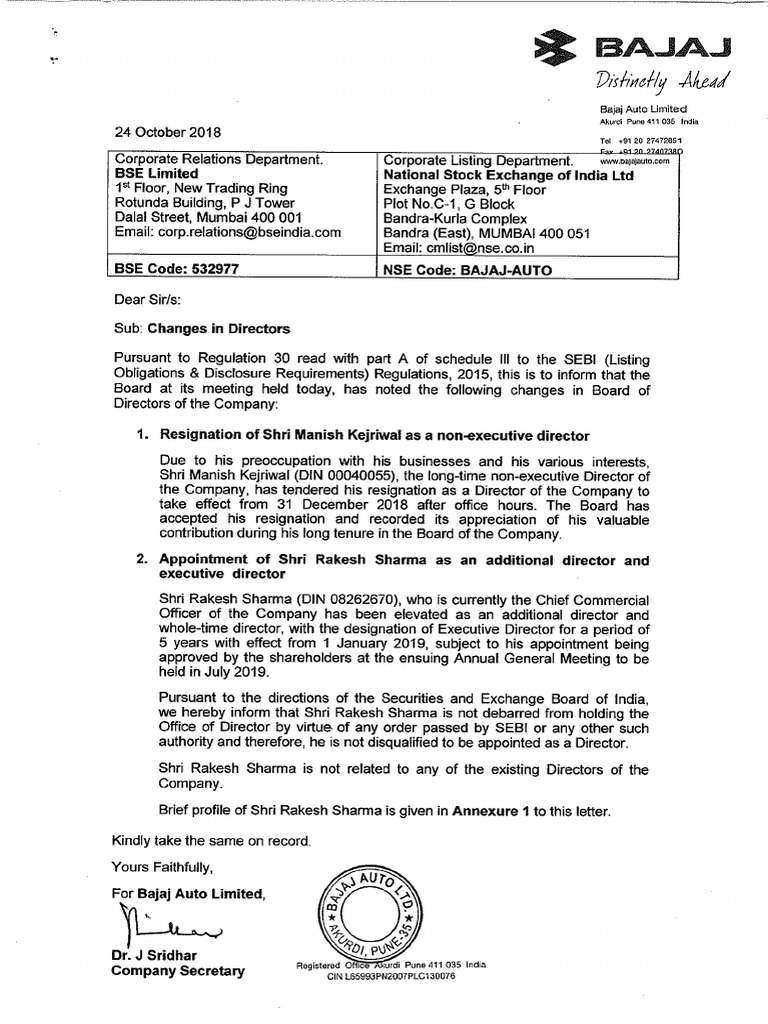Bajaj Changes in Directors2018 | PDF | Board Of Directors | Companies