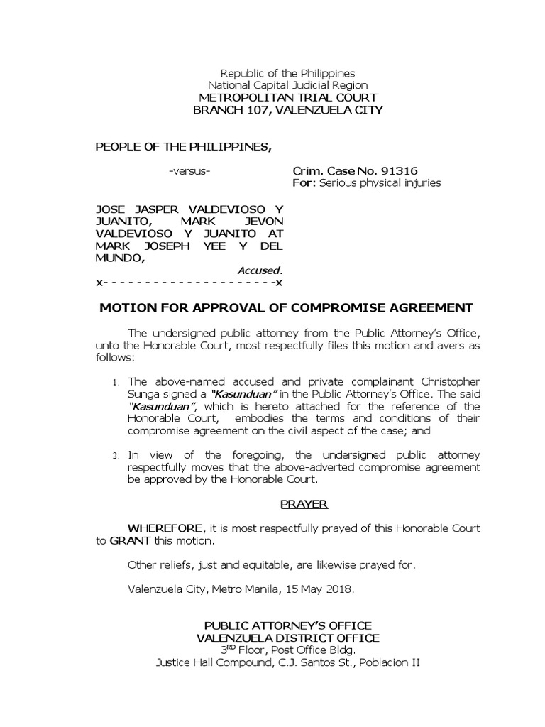 Motion For Approval of Compromise Agreement Valdevioso | PDF | Government Information | Social ...