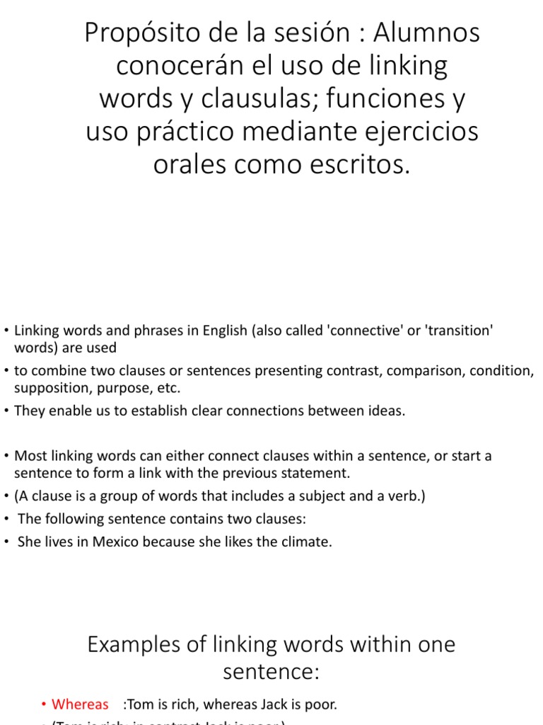 Propósito de La Sesión: Alumnos Conocerán El Uso de Linking Words y ...