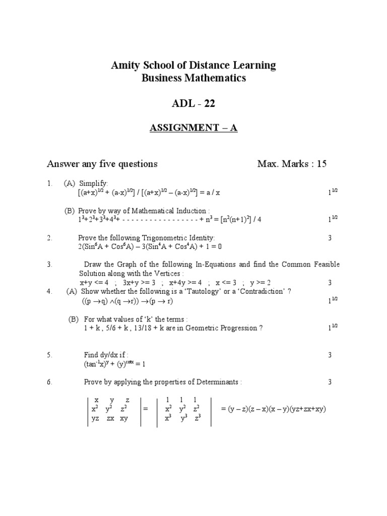Amity BBA 1 st Sem ADL - 22 Assignment ASODL | Trigonometric Functions ...