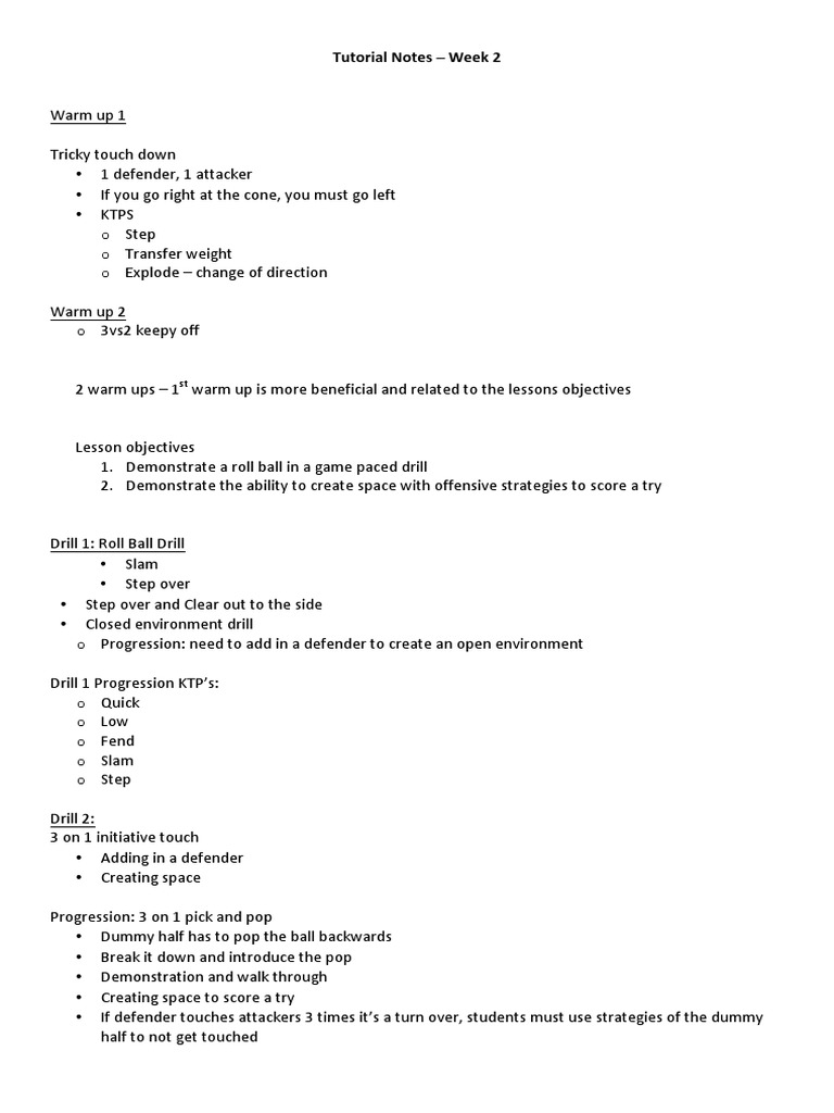 Week 2 Tutorial Notes: Drills & Objectives | PDF