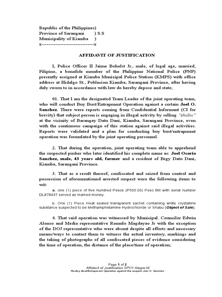 Affidavit of Justification SPO1 Alegre | PDF | Government Information ...