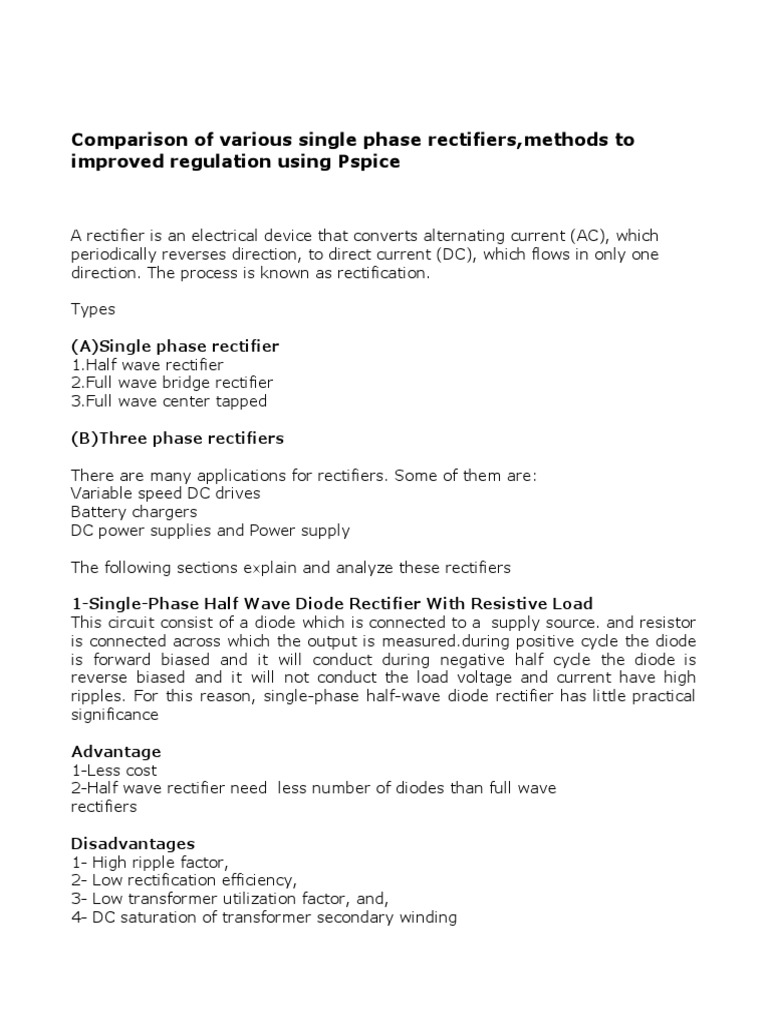 Comparison of Various Single Phase Rectifiers, Methods To Improved Regulation Using Pspice | PDF ...