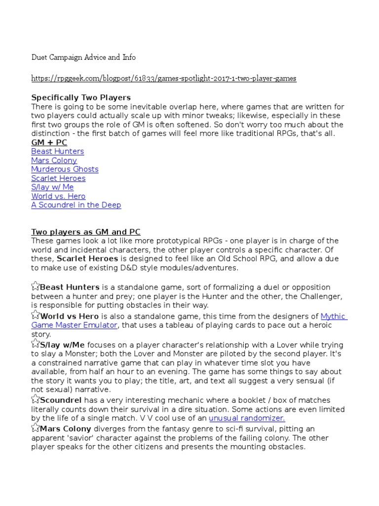 Duet RPG Campaign Tips | PDF | Role Playing Games | Role Playing