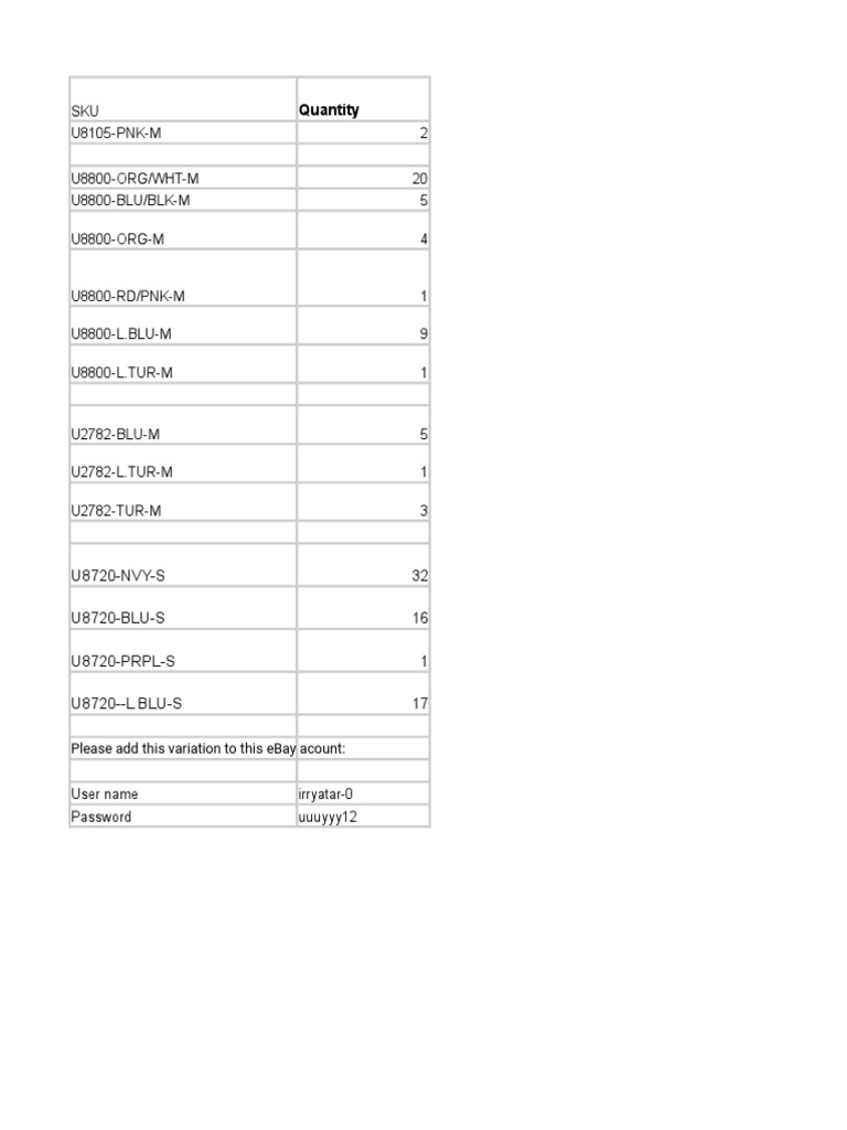 Quantity: SKU U8105-PNK-M 2 U8800-ORG/WHT-M 20 U8800-BLU/BLK-M 5 U8800-ORG-M 4 | PDF