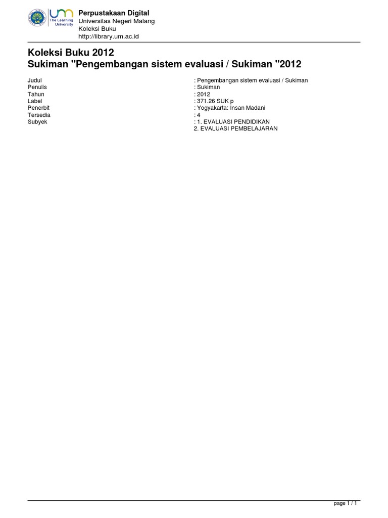 Koleksi Buku 2012 Sukiman "Pengembangan Sistem Evaluasi / Sukiman "2012 | PDF