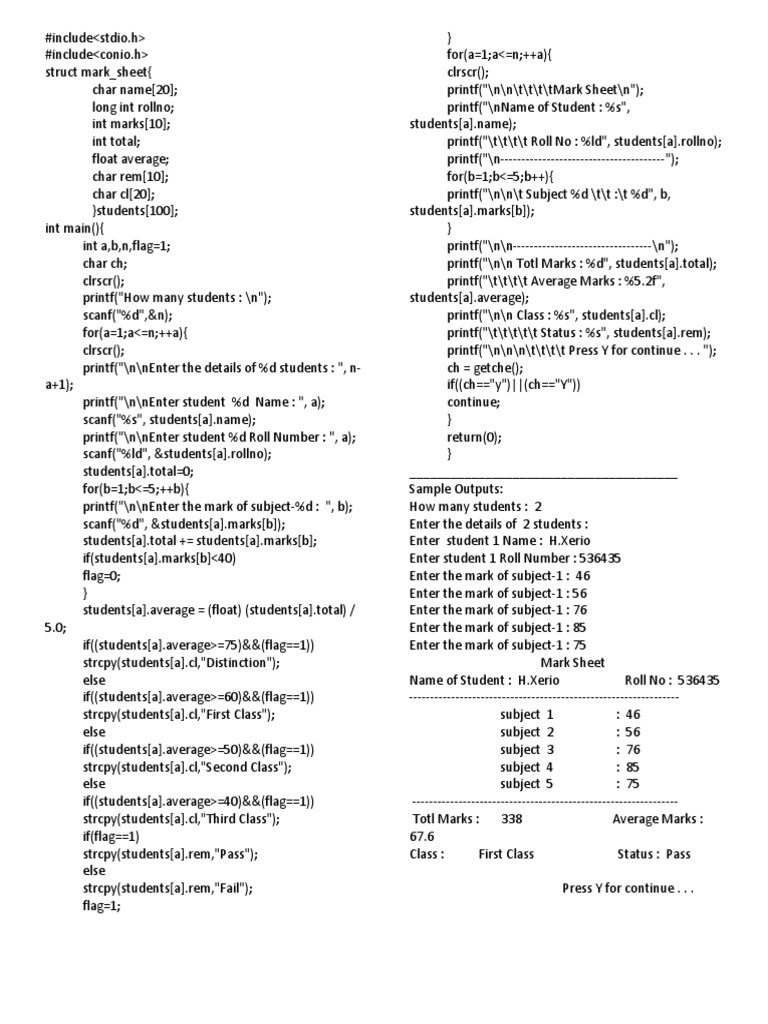 C Program For Marksheet Using Structures Pdf Computer Standards Unix Software