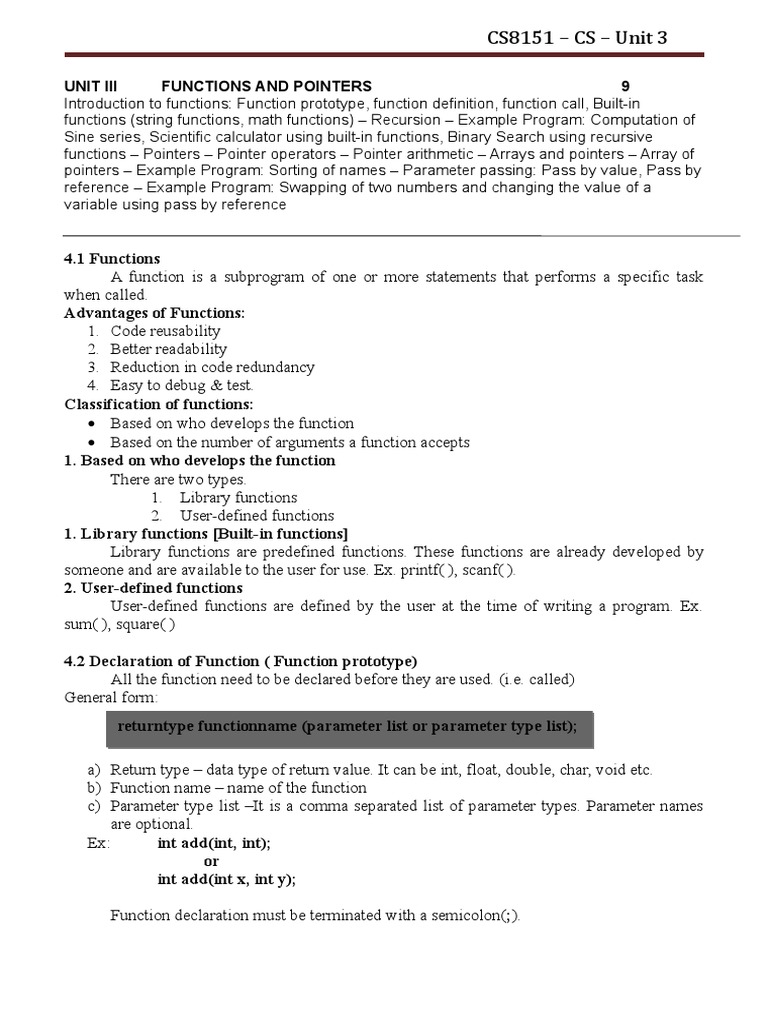 Cs8151 Unit Iii Notes Pdf Parameter Computer Programming Pointer Computer Programming