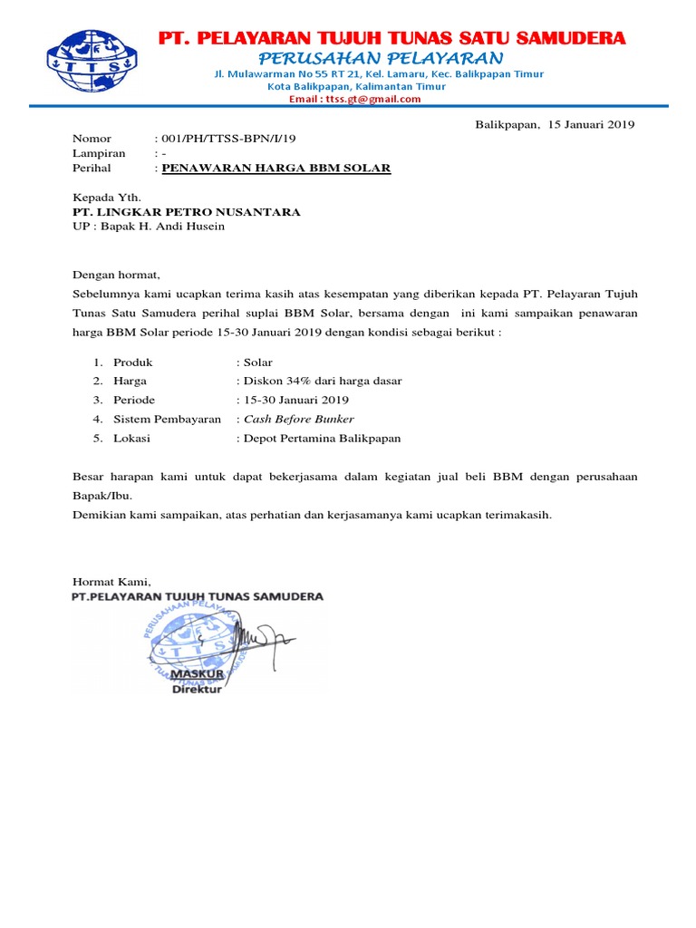 Penawaran Harga BBM Solar Januari 2019 | PDF