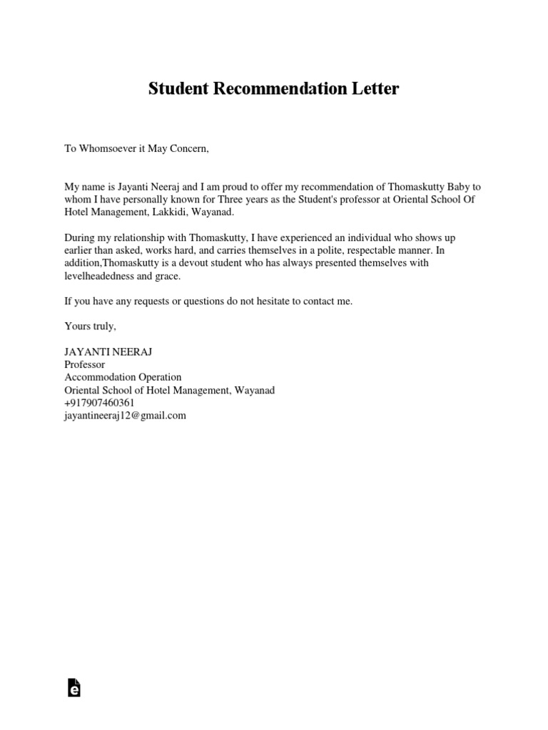 Student Recommendation Letter Template | PDF