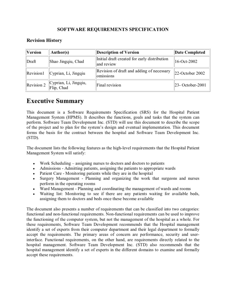 Software Requirements Specification for the Hospital Patient Management System | PDF | Patient ...