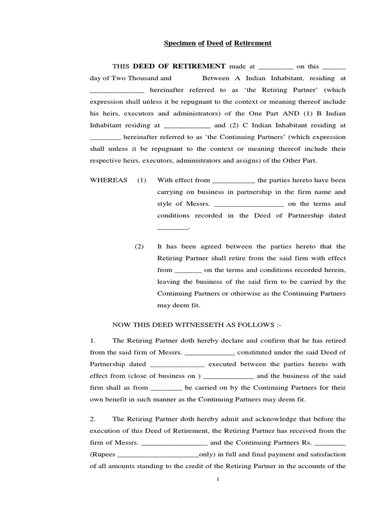 Specimen of Deed of Retirement | PDF | Partnership | Deed