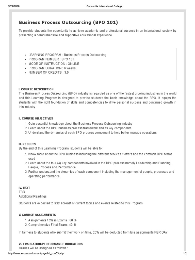 BPO 101 - Course in Concordia International College | PDF | Outsourcing ...