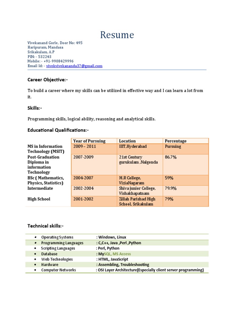 1209a059 Vivekanand Resume Pdf Databases Java Programming Language