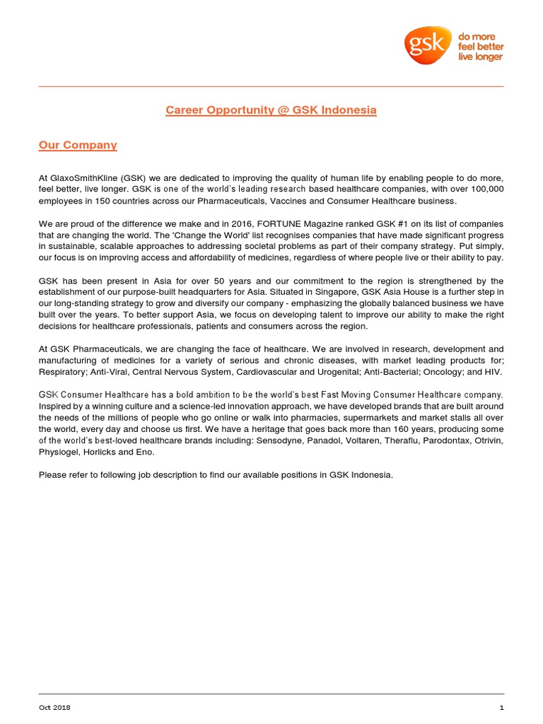 Career Opportunity at GSK Indonesia - Oct 2018 | PDF | Glaxo Smith ...