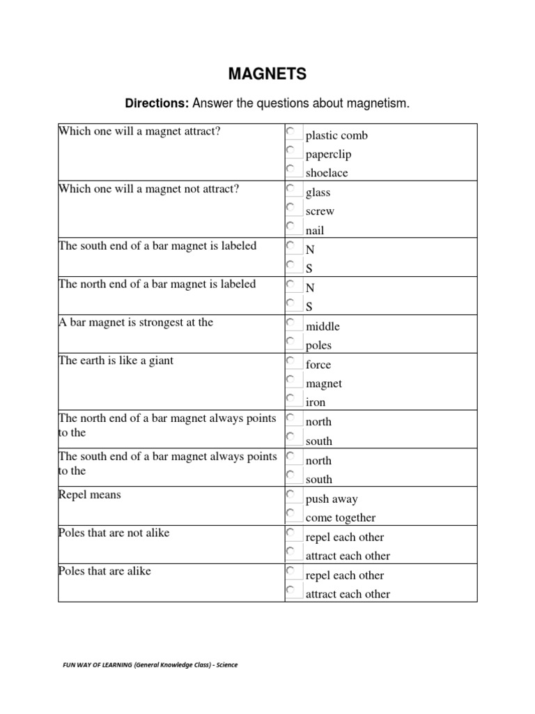 Magnets: Directions: Answer The Questions About Magnetism | PDF