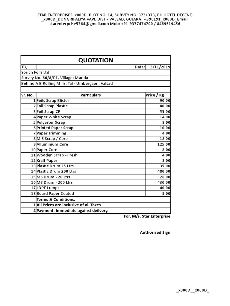 Quotation: Sr. No. Particulars Price / KG | PDF