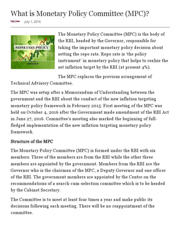 Functions of the Monetary Policy Committee | PDF | Inflation Targeting ...