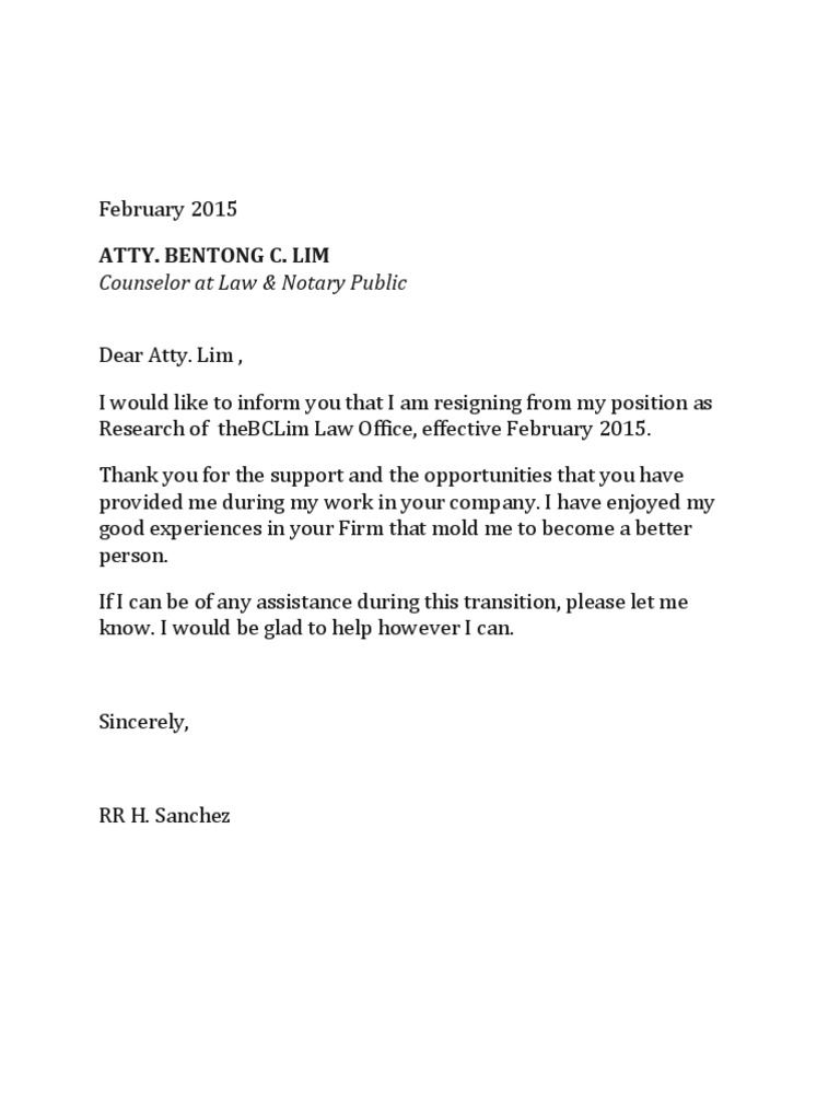 Resignation Letter | PDF | Practice Of Law | Legal Concepts