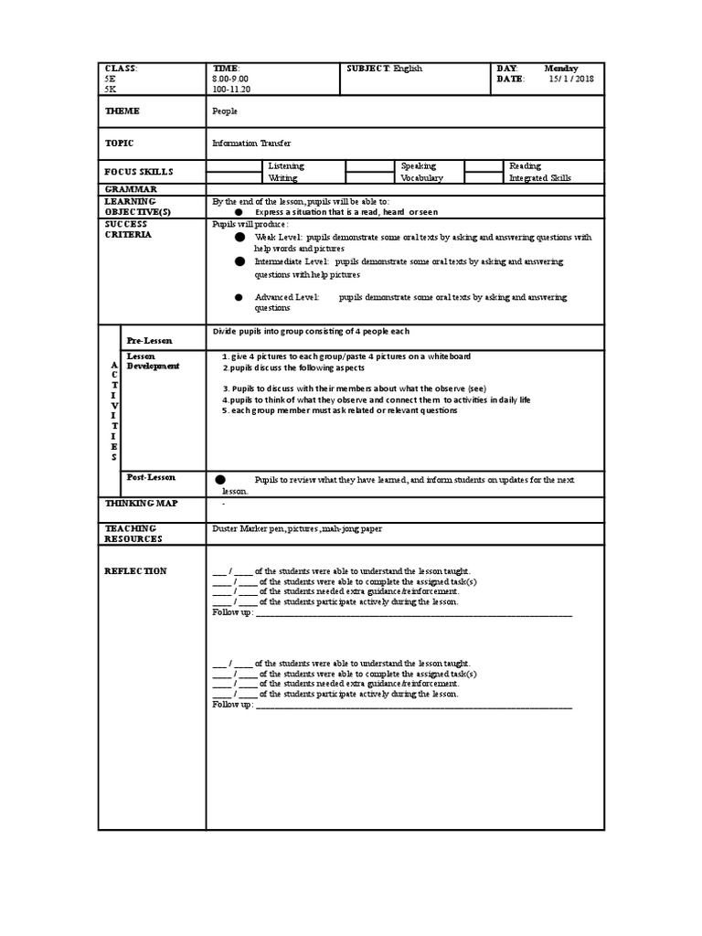 Class: Time: SUBJECT: English Day: Monday Date | PDF | Change ...